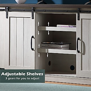 Asifom White Grey Modern Farmhouse Wood TV Stand for 65 Inch TV, Rustic TV Console Media Entertainment Center Table Living Room Storage Cabinet with Sliding Barn Door Adjustable Shelves