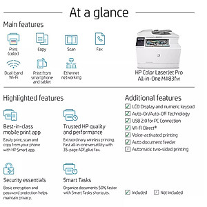 HP Laserjet Pro MFP M183FW All-in-One Wireless Color Laser Printer, Print,Copy,Scan,Fax, 16ppm, 600x600 dpi, Auto Duplex Printing, 2-line Display, 35-Page ADF, Wulic Printer Cable