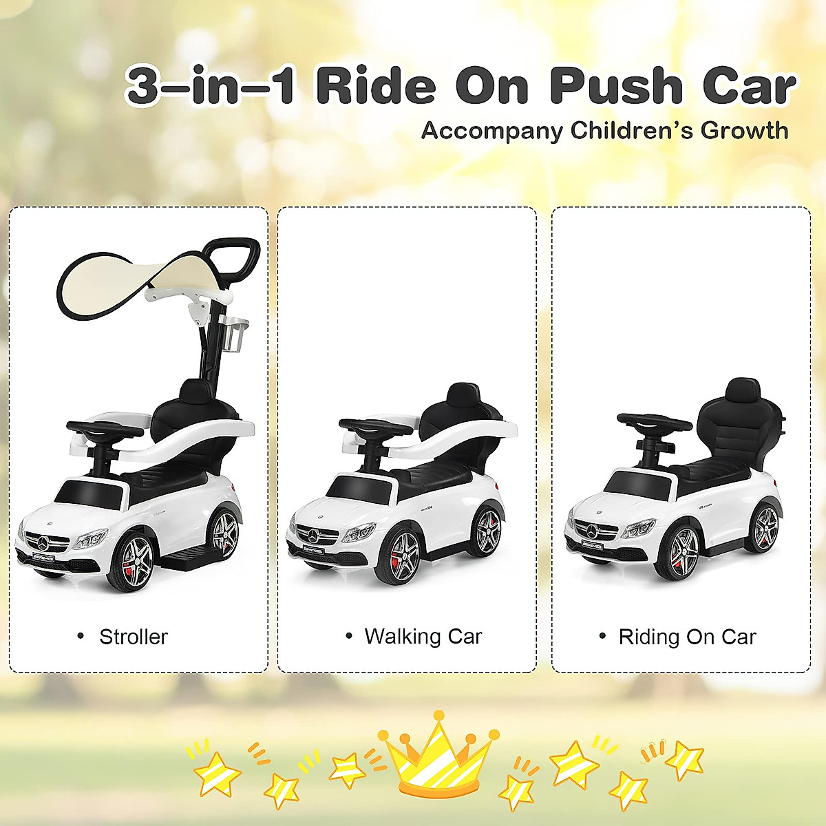 Costzon Push Car for Toddlers, 3 in 1 Mercedes Benz Stroller Sliding Walking Car w/Canopy, Handle, Safety Bar, Cup Holder, Music, Underneath Storage, Foot-to-Floor Ride On Toy for Boys & Girls, White