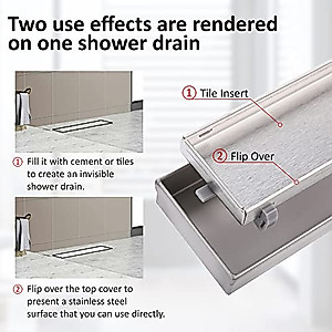 24 inch Linear Shower Drain with Removable Square Hole Panel by Using Brushed 304 Stainless Steel Process, Linear Drain Equipped with Adjustable Feet and Hair Strainer