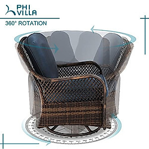 PHI VILLA 4 Piece Outdoor Swivel Rocker Chairs Set with Propane Fire Pit Table Rattan Patio Furniture Conversation Set Support 350lbs with 2 Rocking & Swivel Chairs, 1 Coffee Table & 1 Fire Pit Table