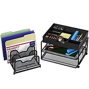 SimpleHouseware Mesh Desk Organizer with Sliding Drawer, Double Tray and 5 Stacking Sorter Sections, Black