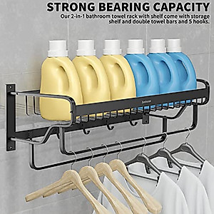 Bathroom Lavatory Towel Rack with Two Towel Bars,Zomhusea 22 in Aluminum Wall Mount Bath Towel Baskets with Hooks Laundry Room Bath Towel Storage Shelf
