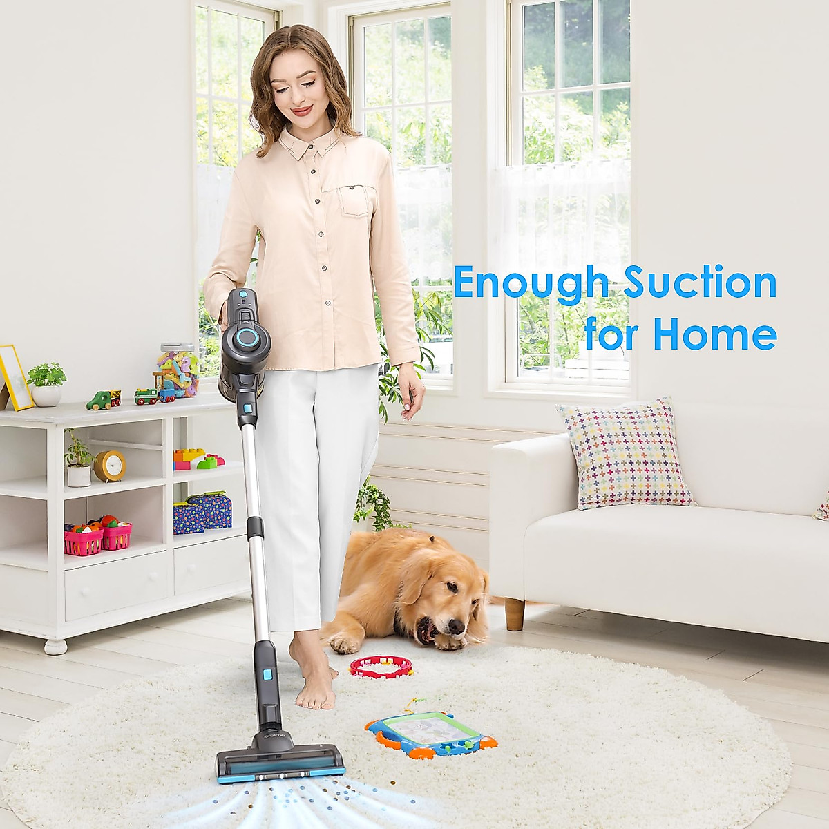 Oraimo Stick Vacuum, Cordless Vacuum Cleaner with Self-Standing, Cordless Stick Vacuum with 35 Mins Runtime Detachable Battery, 6 in 1 Lightweight Vacuum with LED for Hardwood Floor Carpet Marble Tile