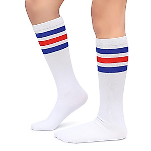 Henwarry Kids Toddler Soccer Socks Classical Stripes Cotton Soft Over the Calf Tube Socks for Boys Girls (A03-Blue/Red/White)