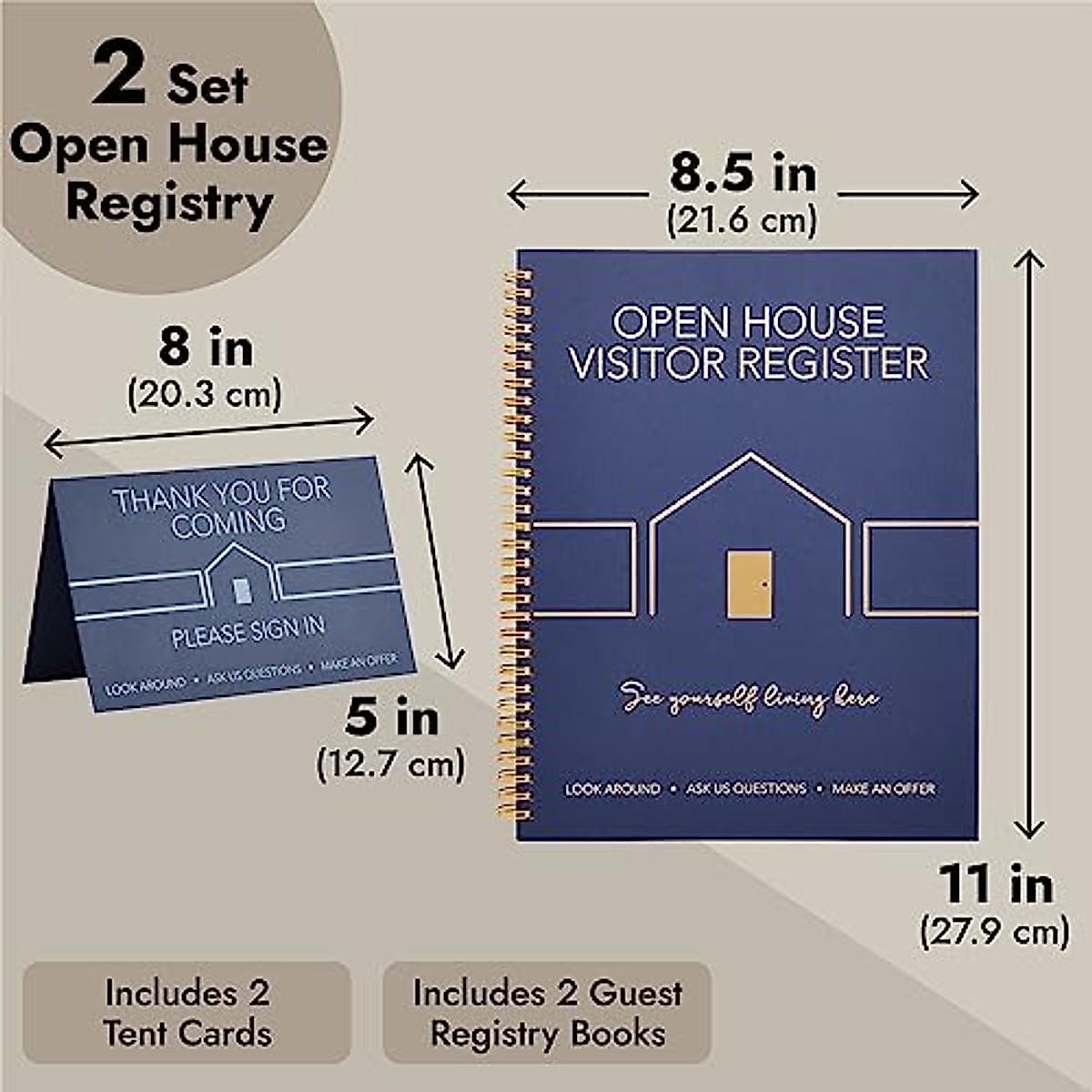 2 Pack Sign in Book for Open House Visitors, Guest Registry with 2 Pack Realtor Tent Cards for Real Estate Agent Supplies, Home Sale Business (Navy Blue, 8.5x11)
