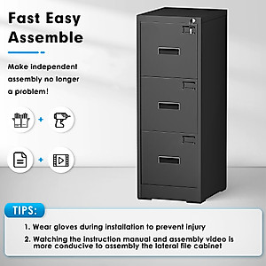 Greenvelly 3 Drawer File Cabinet with Lock, Metal Filing Cabinet for Home Office, Locking Vertical File Cabinet, 18" D File Cabinet for Home Office, Easy Assemble (Black)