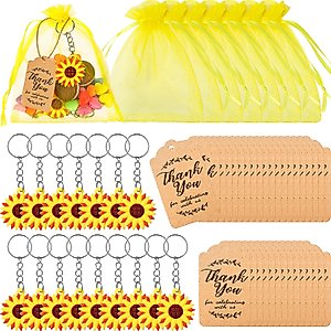 300 Pcs Party Favors Include 100 Keychain, 100 Organza Bags and 100 Thank You Kraft Tags for Birthday Shower Summer Theme Party Birthday Bridal Wedding Guests Return Gifts(Sunflower)