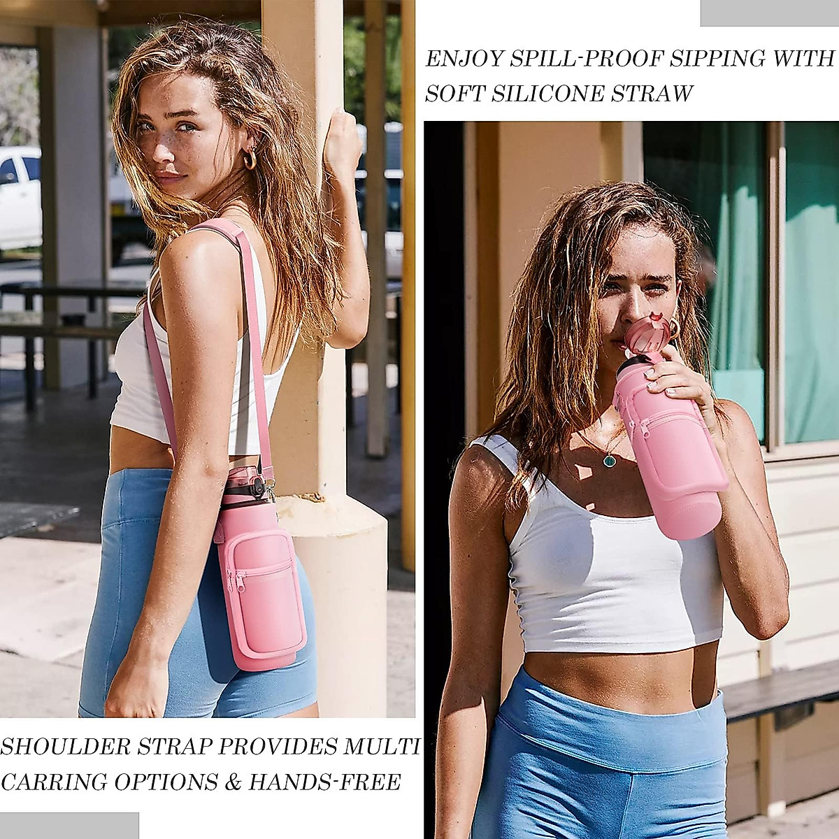 Fimibuke 32 oz Water Bottle with Sleeve - BPA Free Leakproof Sport Large 1L Plastic Motivational Water Bottle with Straw & Strap & Insulated Neoprene Holder Carrier Bag for Women Men(A2.Baby Pink)