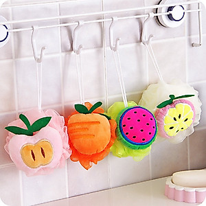 3 Pack Shower Sponge Poufs/Mesh Bath Loofahs Ball, Body Cleaning Washing Scrubber / 2 in 1 Cute Fruits Shaped Bathroom Bubbler Accessory for Dry Skin Exfoliating, Cellulite, Massage