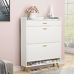 PAKASEPT Narrow Shoe Storage Cabinet,18-24 Pair Free Standing Tipping Bucket Shoe Rack Organizer with Drawers for Entryway,Bedroom,Hallway,White