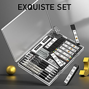 FourCandies 25PCS Art Mechanical Pencil Set with Case, 3PCS Metal Artist Lead Pencil 0.5, 0.7, 0.9 mm & 3PCS 2mm Lead Holder(HB 2H 2B 4B Color) with 432PCS Graphite Lead Refills for Drawing Sketching