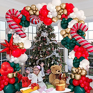 Christmas Balloon Garland Arch Kit with Red, Green, White and Gold Balloons, Candy Cane, Exploding Star for Christmas Party Decorations