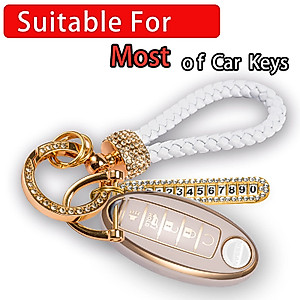 Worcas Car Keychain With Bling Rhinestones,eather Woven Keychain with anti loss telephone number plate,360 Degree Rotatable Universal Key Fob Keychain for all Cars(White-Gold)