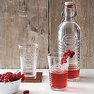 Bormioli Rocco Officina Water Glasses – Set Of 4 Clear Drinking Tumblers With Textured Ring Design & Vintage Stamp Logo – 11oz High Capacity Tall Cups For Soda, Juice, Milk, Coke, Beer, Spirits