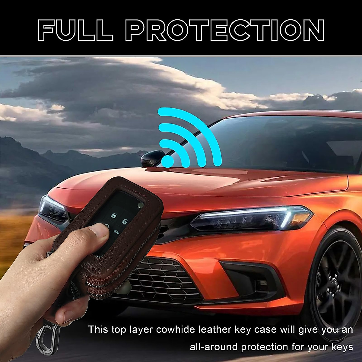 Car Key Fob Case, Double Zipper Genuine Leather Protection Key, Universal Premium Car Key Fob Case, Metal Hook and Keyring with Transparent Window for Men Women (Coffee)