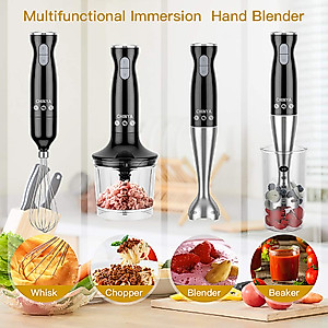 CHINYA Immersion Hand Blender, Powerful 4-in-1 Hand Blender,Electric food blender with 16oz Food Chopper, 20oz SAN Beaker and Ballon Whisk, BPA-Free Hand Mixer Set