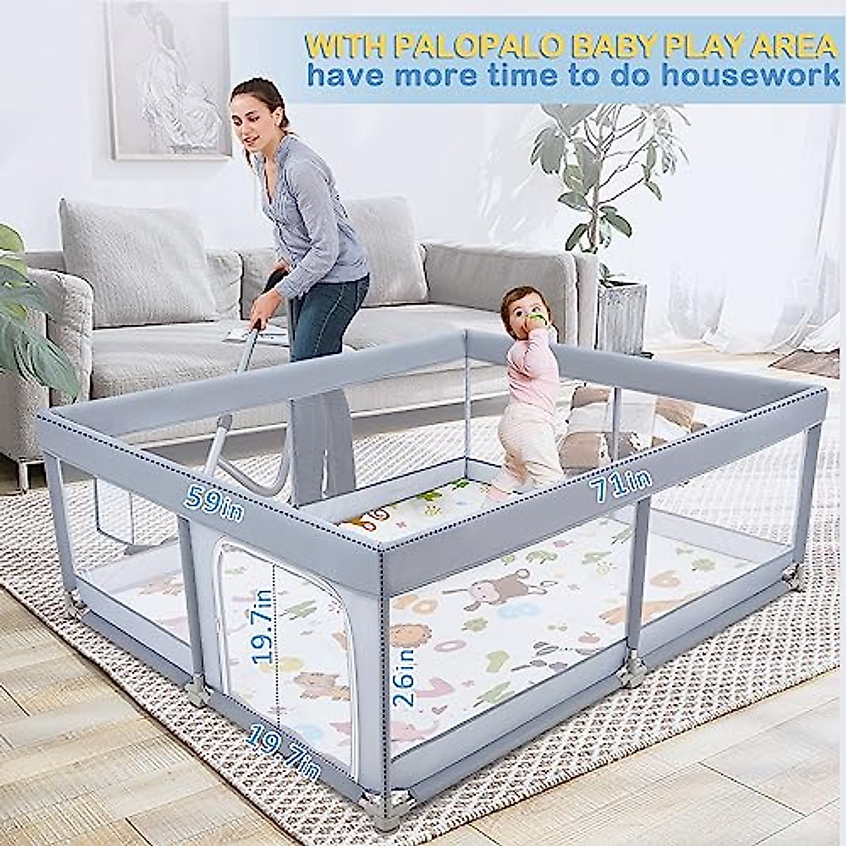 Baby Playpen Palopalo 71''x59'' Playard for Babies and Toddlers Extra Large Play Pen Baby Activity Center Mesh Baby Fence Infants Sturdy Safety Area All Wrapped Cushion & Anti-Slip Base, Gray
