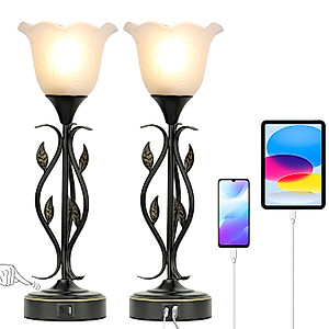 Bedside Lamps, Table Lamp with USB Port 3 Way Dimmable Touch lamp Torchiere Nightstand Lamps with Rustic Vines Leaf and Glass Flower Shade lamp for Bedroom, Living Room, Office
