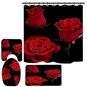 4 PCS Valentine's Day Shower Curtain Set, 3D Romantic Rose Style Printing Shower Curtain Set for Home Hotel Bathroom Decoration
