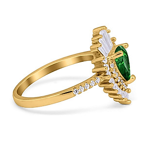 Blue Apple Co. Yellow Tone, Simulated Green Emerald CZ Size-6 Art Deco Teardrop Pear Wedding Engagement Ring Baguette Round Cubic Zirconia 925 Sterling Silver