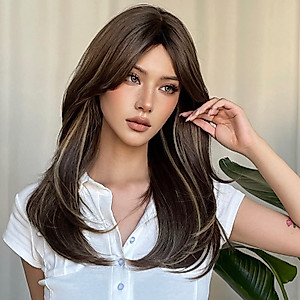 HAIRCUBE Long Brown Wigs for Women Layered Synthetic Hair Wig with Highlight