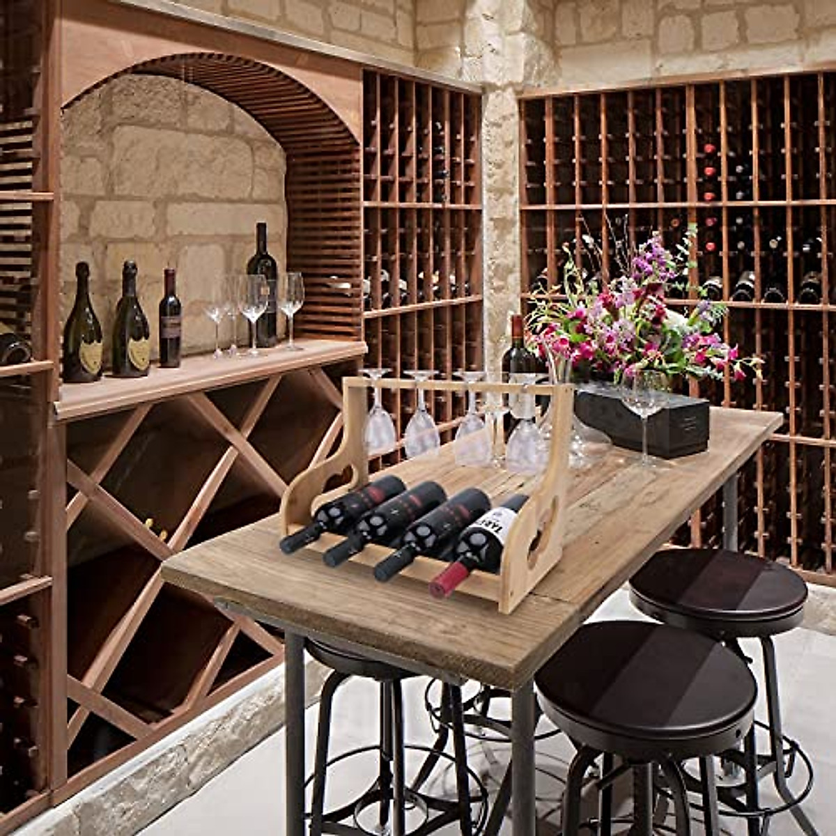 LEIMO KPARTS Wine Racks countertop with Glass Holder, Bamboo Tabletop Wine Rack, Counter top Bottle Wine Rack Shelf, Freestanding Wine Rack Hold 4 Bottles and 4 Glasses