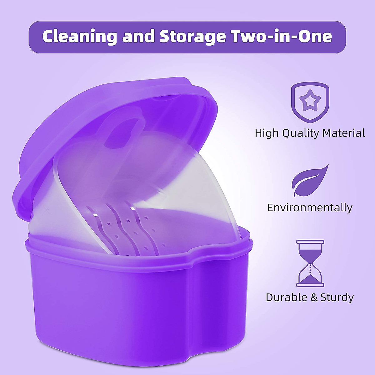 Denture Soaking Cup Dental Retainer Case Cleaning with Strainer Basket, Orthodontic Bath Box Mouthguard Storage Holder - Leak Proof and Lid Waterproof - Purple