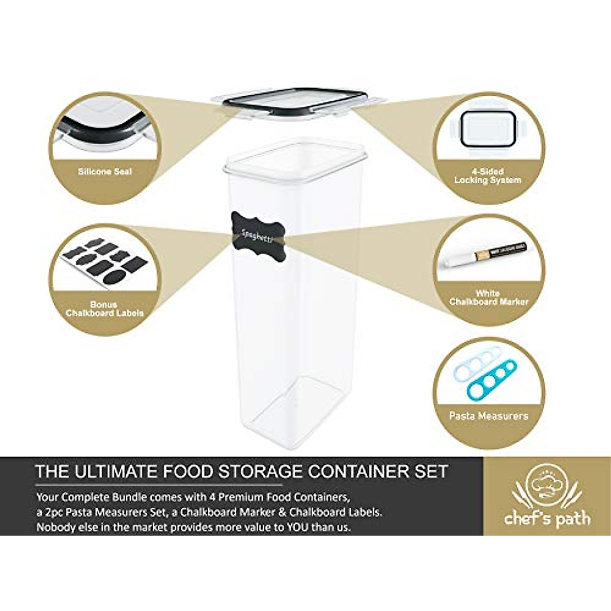 Chef's Path Airtight Food Storage Containers (Set of 4, 2.8L) - Tall Pasta Storage Containers for Pantry & Kitchen Organization, Spaghetti, Noodles, Cereal - Lids, Noodle Measure and Reusable Labels Included