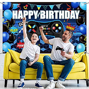 Video Game Happy Birthday Backdrop Game on Birthday Party Backdrop Banner Level up Gaming Theme Party Background Photo Props for Video Game Party Wall Decorations Supplies (Blue)