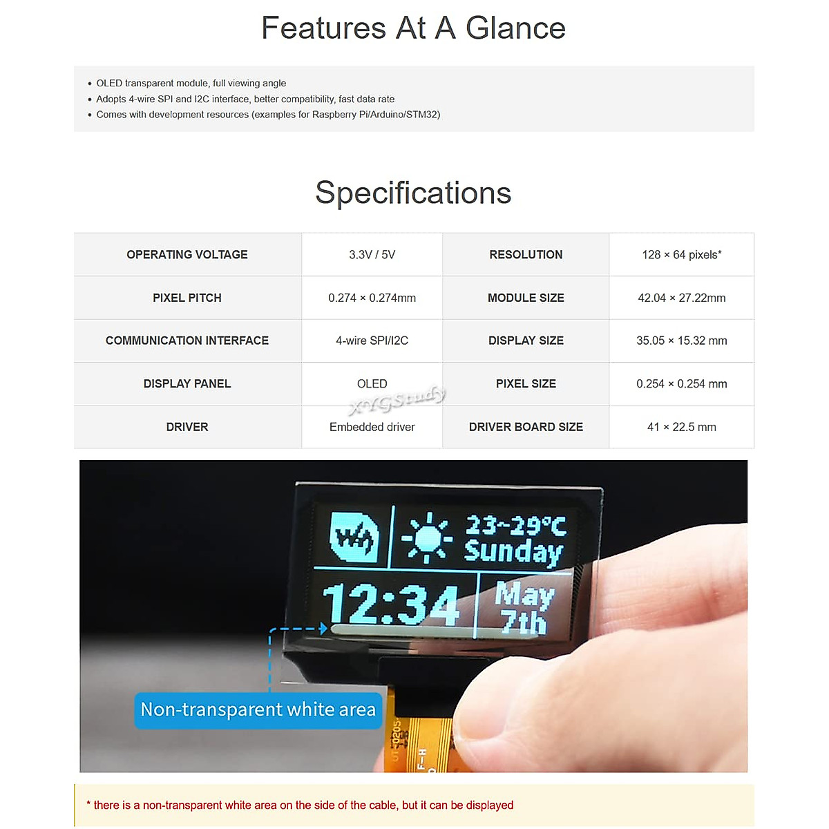 1.51inch 128×64 Transparent OLED Light Blue Color Display Module SPI/I2C Interfaces for Raspberry Pi 4 3 / STM32 etc @XYGStudy