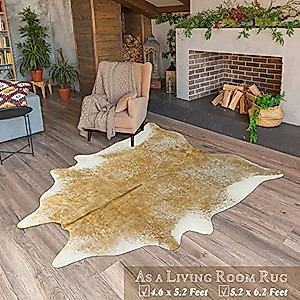 Rtizon Faux Cowhide Rug for Living Room, 4.6 x 5.2 Feet Khaki, Cow Print Skins Rug for Bedroom, Durable Premium Faux Fur Animal Cow Hide Rugs Carpet for Western Decor