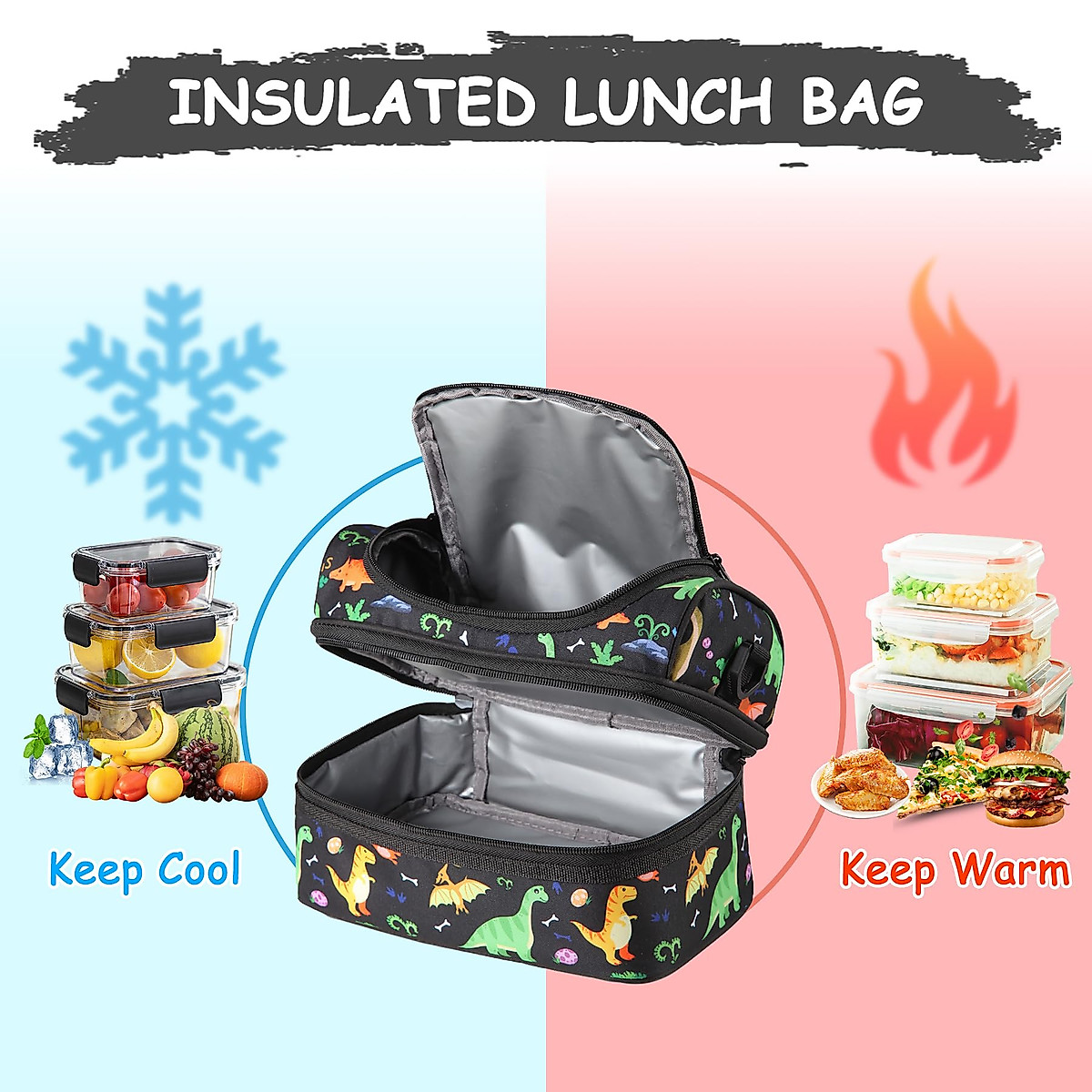 Kasqo Lunch Box Bag for Boys, Insulated Cooler Bag Kids Lunch Tote with Dual Compartments, Black Dinosaur