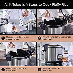 Commercial Stainless Steel Rice Cooker - Professional 60 Cup Cooked (30 Cup Uncooked) Rice Maker Cooker With Non Stick Pot & Hinged Lid - Includes a Rice Measuring Cup & Rice Scoop