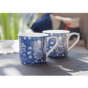 V&A Coffee and Tea Mugs, Porcelain Bone China Mug, William Morris Wild Tulip Design, 300ml, Set of 2, Gift Boxed