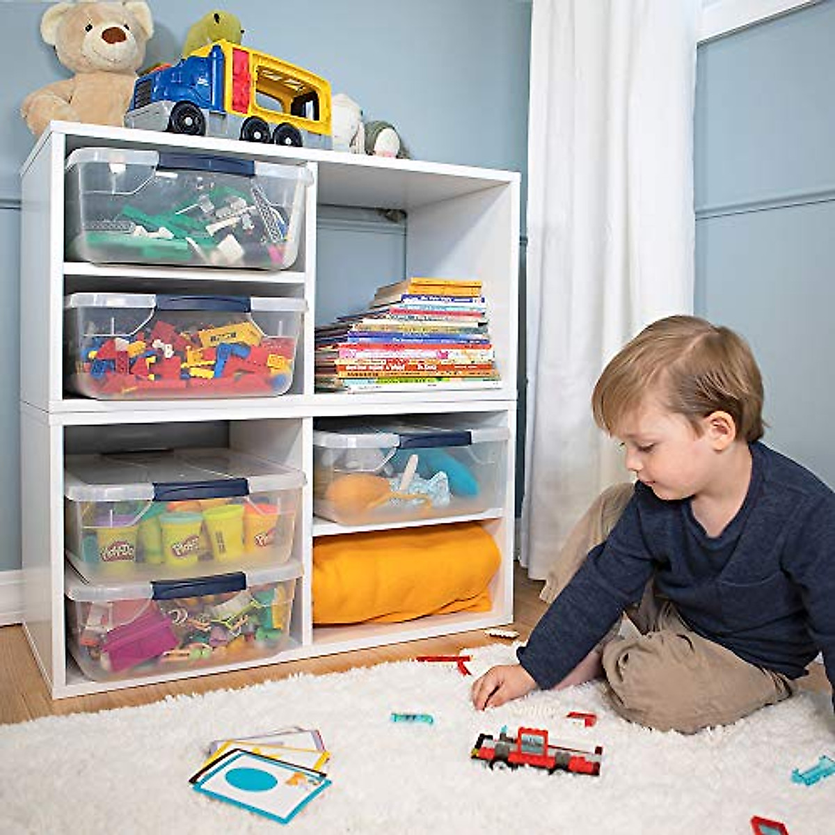 Rubbermaid Cleverstore 41 Quart Plastic Tote Container Bin with Latching Lid and Handles for Reusable, Stackable Home Office Storage, Clear (4 Pack)