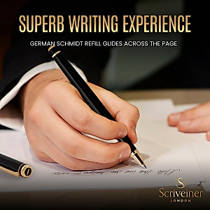 Scriveiner Black Lacquer Rollerball Pen - Stunning Luxury Pen with 24K Gold Finish, Schmidt Ink Refill, Best Roller Ball Pen Gift Set for Men & Women, Professional, Executive Office, Nice Pens