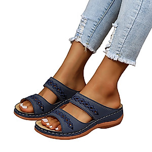 JWSVBF Arch Support Sandals Women's Plantar Fasciitis Womens Orthopaedic Slides 2-Straps Embroidery Cutout Hiking Sandals Outdoor Athletic Comfortable Walking Platform Slip On Beach Poolside Shoes