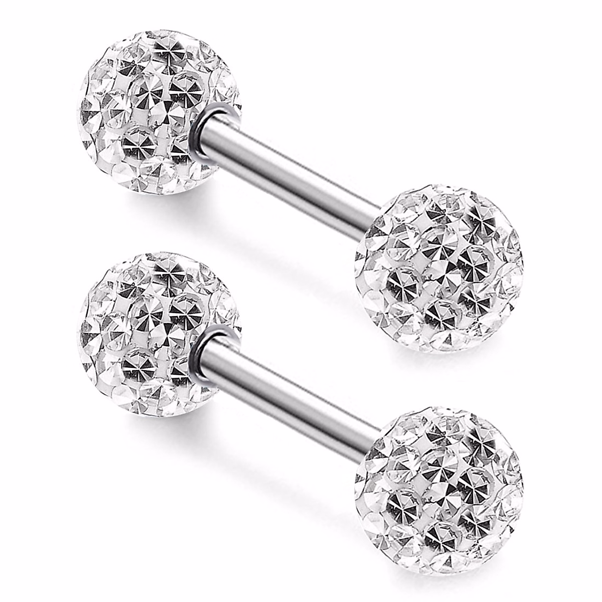 ZHIYAOR Never Fall out Crystal 14G Studs Nipple Rings Piercing Barbell Anti-allergy Surgical Steel Pairs (1pair AB,1pair White)