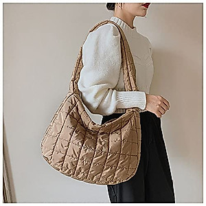 Women's Quilted Shoulder Bag Lightweight Tote Bag Soft Crossbody Bag Large Capacity Handbag Purse (khaki)