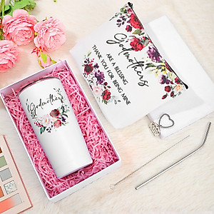 Sieral 3 Pcs Godmother Proposal Gifts Set Including 20 oz Godmother Tumbler and Godmother Makeup Bag Keychain for Mother's Day Holiday Appreciation Gifts(Wine Red Flowers)