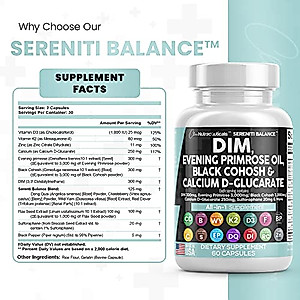 DIM 300mg Evening Primrose 3000mg Black Cohosh 3000mg Calcium D-Glucarate 250mg Sulforaphane Flax Seed Extract - Hormonal Balance Support Vitamins for Women with Dong Quai - Made in USA 60 Caps