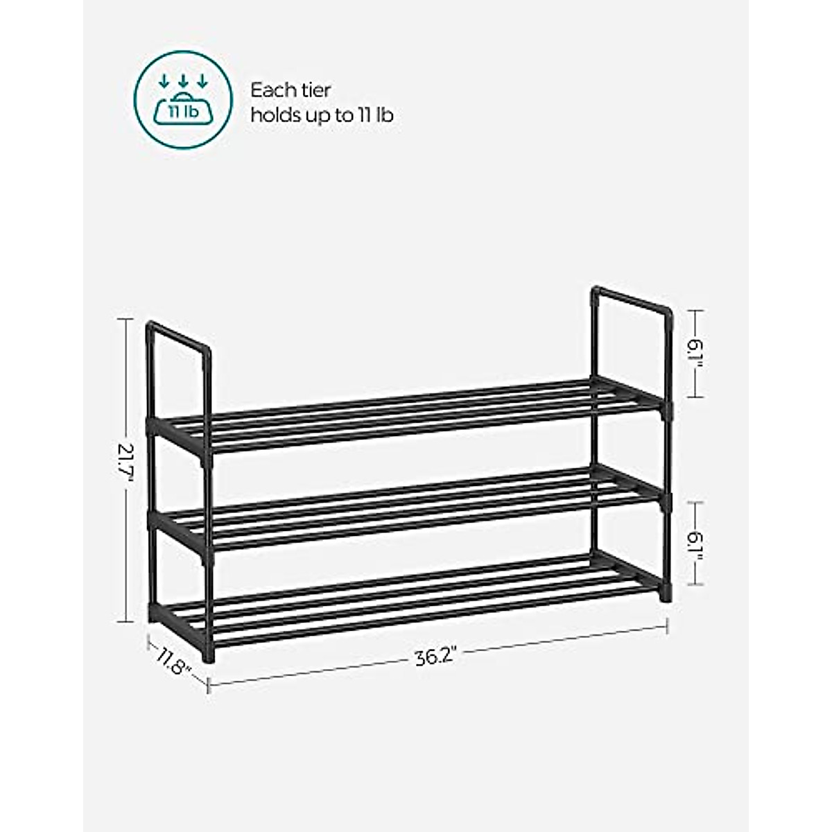 SONGMICS Shoe Rack, 3 Tier Shoe Organizer, Metal Shoe Storage Shelf for 15 Pairs of Shoes, Easy to Assemble, Entryway, Black ULSA303B02