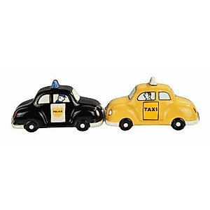 Set Of 1 Black Police Car and Yellow Taxi Cab Magnetic Ceramic Salt Pepper Shakers