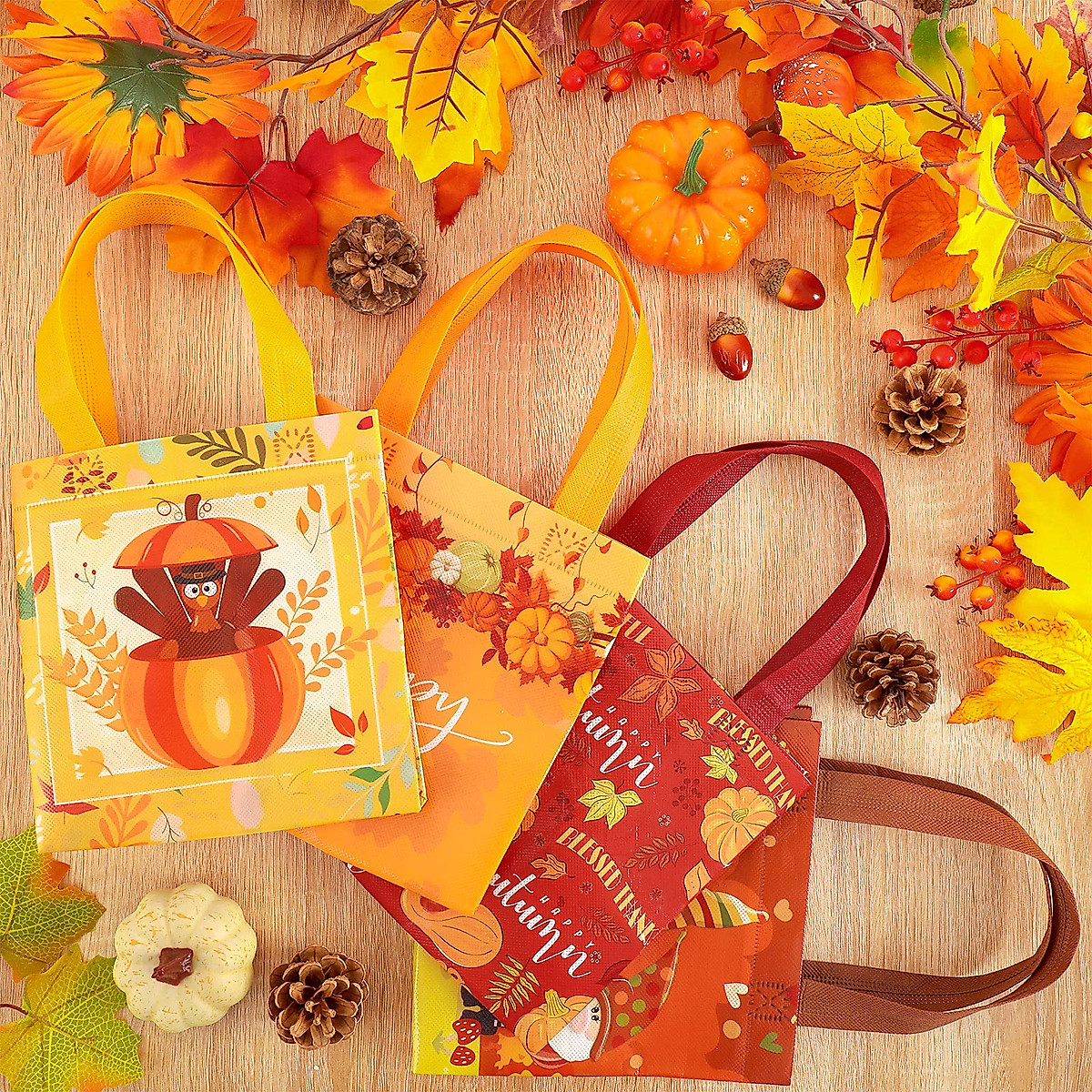 AnyDesign Fall Non-Woven Tote Bags Waterproof Pumpkin Turkey Gnome Party Bags with Handles Reusable Gift Bag Grocery Goodie Shopping Bag Treat Favor Bag for Autumn Thanksgiving Party Supplies, 8 Pack