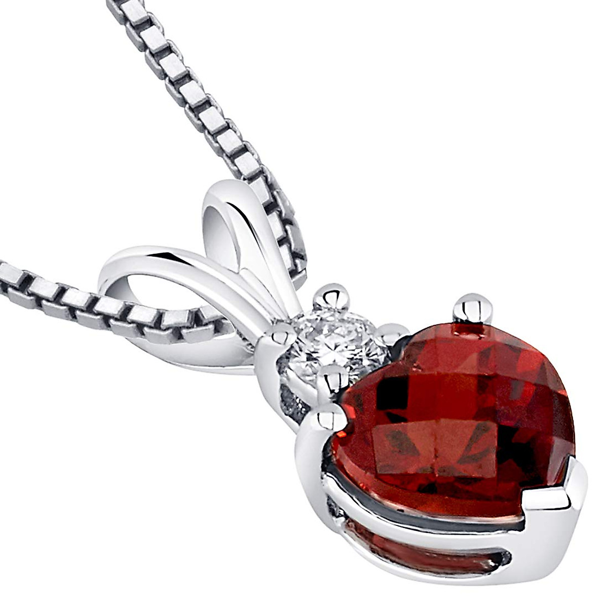 Peora 14K White Gold Garnet and Diamond Heart Pendant for Women, Genuine Gemstone Birthstone, 1.35 Carats with 18 inch Chain