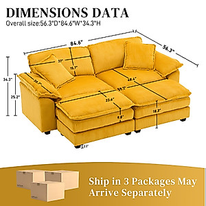 ONEMMLION 84.6" Modular Sectional Sofa Oversized Loveseat, Modern Upholstered Cloud Couch with 2 Ottoman, Comfy Corduroy Deep Seat Sleeper Sofa for Living Room, Small Space, Yellow
