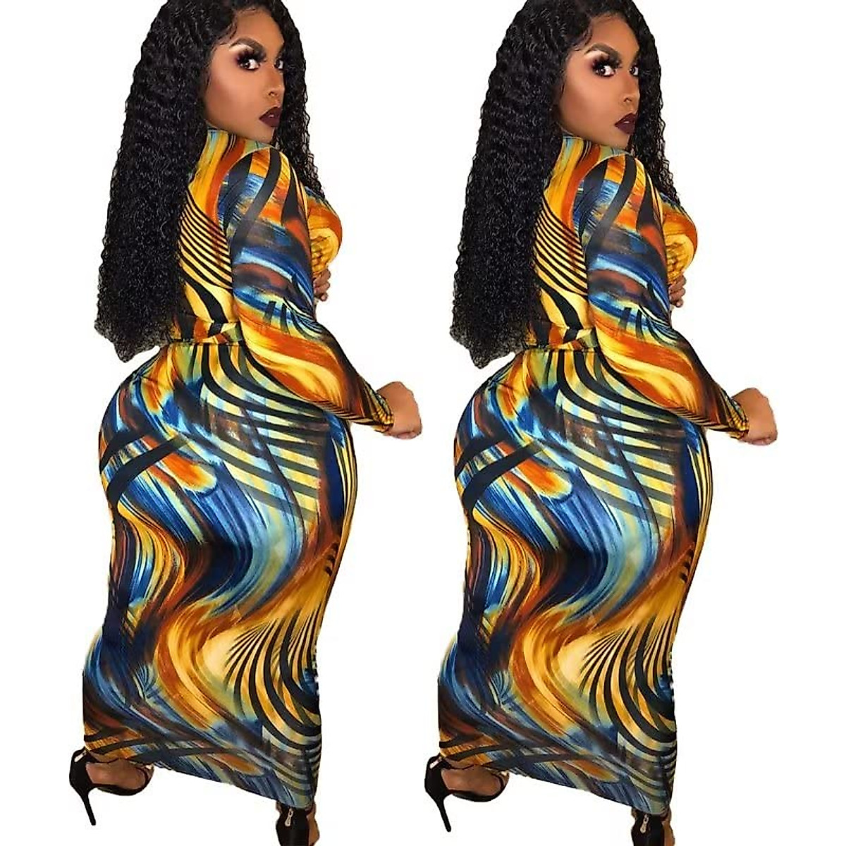 Bluewolfsea Women's Sexy Long Sleeve Printed Bodycon Mixi Dress Cocktail Party Dresses Large Brown