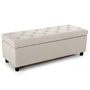 BELLEZE 47 Inch Storage Ottoman, Button-Tufted Ottoman Linen Storage Bench with Safety Close Hinge, Ottoman with Storage for Living Room, Entryway, Hallway, Foot Rest, Support 300lbs - Beige
