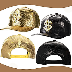 Zhanmai 6pcs 80s 90s Hip Hop Costume Outfit for Men Money Hat Rapper Accessories Fake Gold Dollar Chain Necklace Ring(Gold, Black, White)